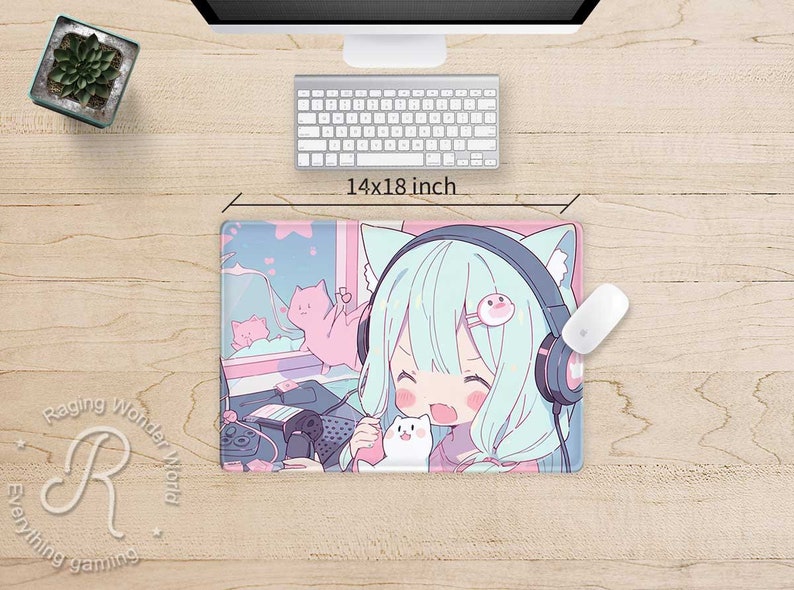 Pastel Pink Anime Cute Cat Girl Desk Mat, Japanese Kawaii Girl Gamer ...