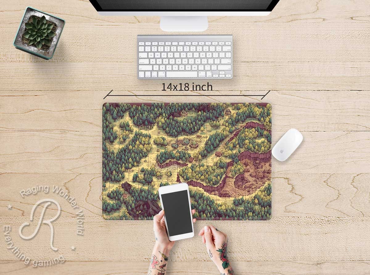 90s RPG Game Map Pixel Art Desk Mat Cute, Stitched Edges Beige Brown ...