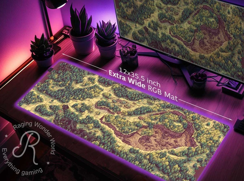 90s RPG Game Map Pixel Art Desk Mat Cute, Stitched Edges Beige Brown ...