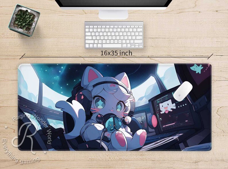 Anime Space Cat Girl Desk Mat Cute, Japanese Kawaii Girl Gamer Shoujo ...