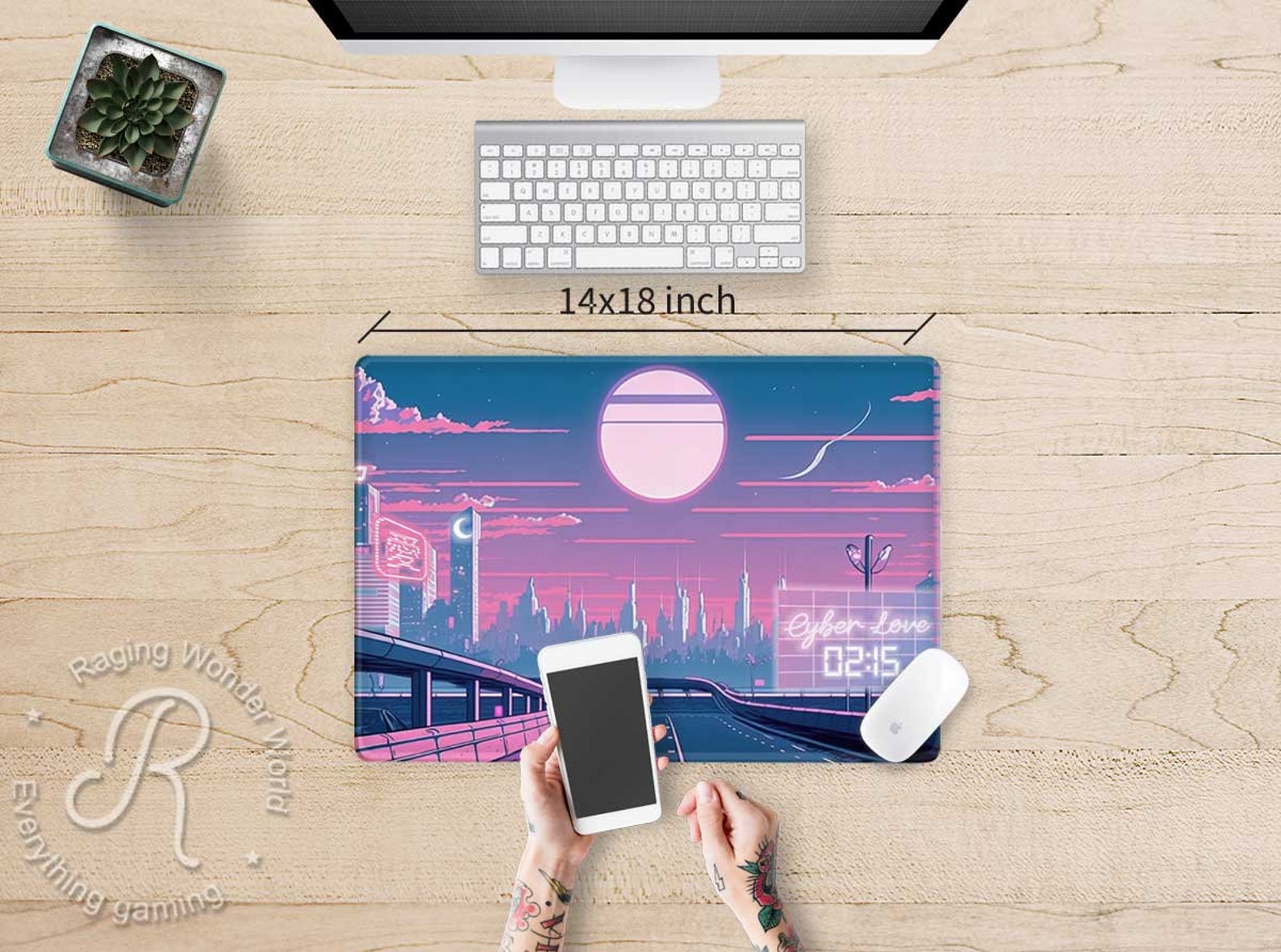 Kawaii Anime Neon City Desk Mat Cute, Stitched Edges Pastel Pink Tokyo ...