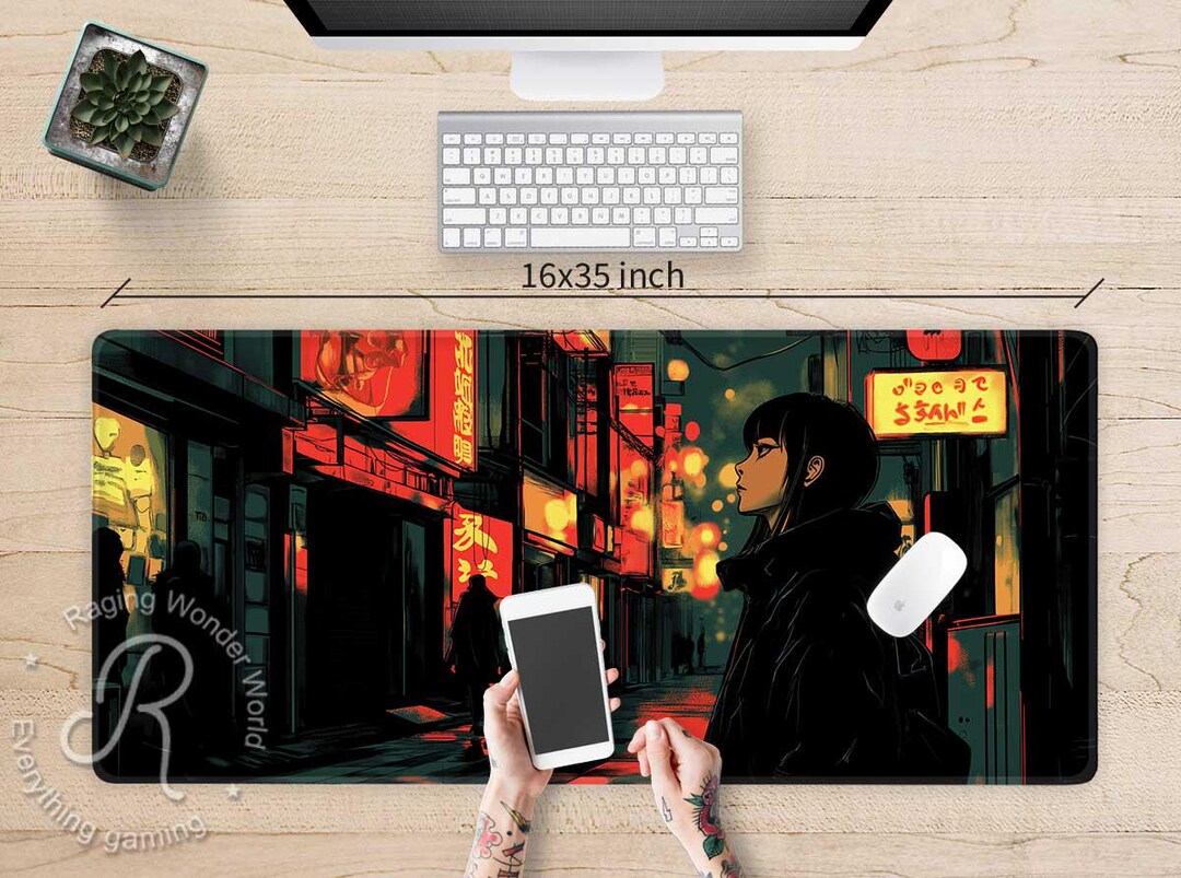Japanese City Tokyo Anime XXL Desk Mat RGB, Cyber Pink Gaming Mouse Pad ...