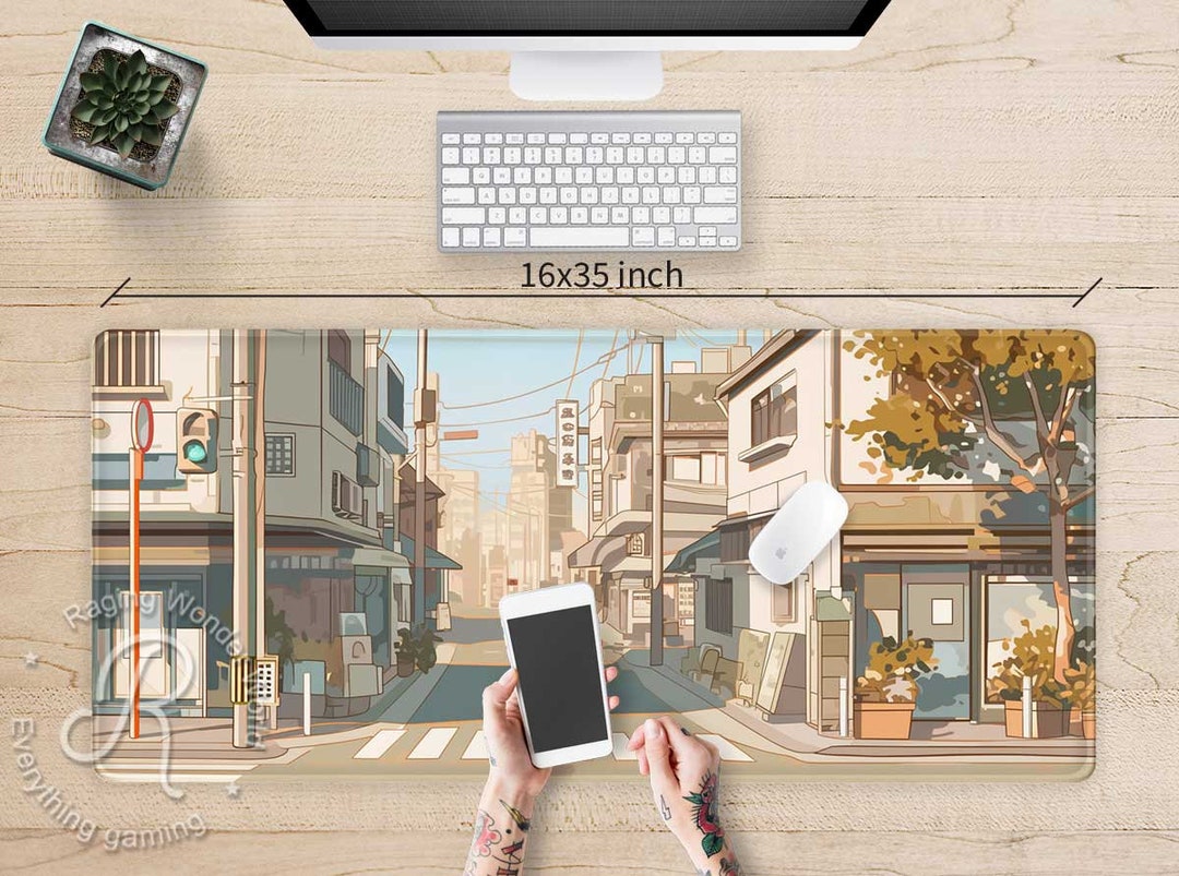 Tokyo Anime Street Lo-fi XXL Desk Mat RGB, Beige Minimalist Gaming ...