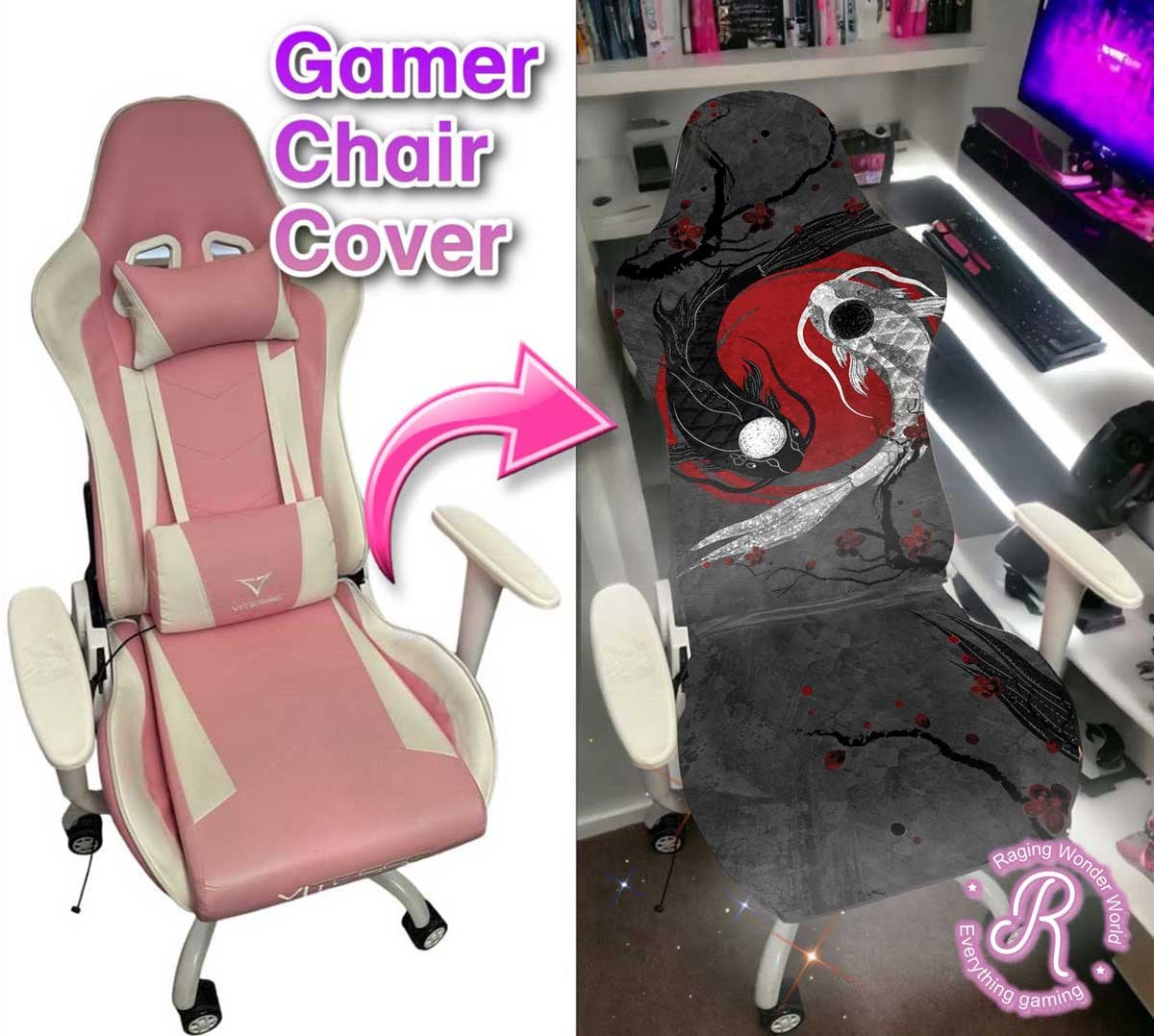 Black Red Japanese Koi Fish Gamer Seat Cover, Gaming Room Chair Decor ...