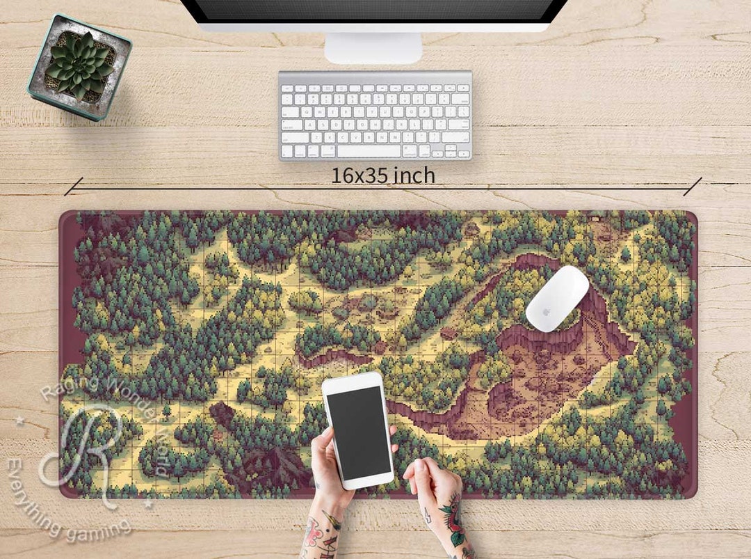 90s RPG Game Map Pixel Art Desk Mat Cute, Stitched Edges Beige Brown ...