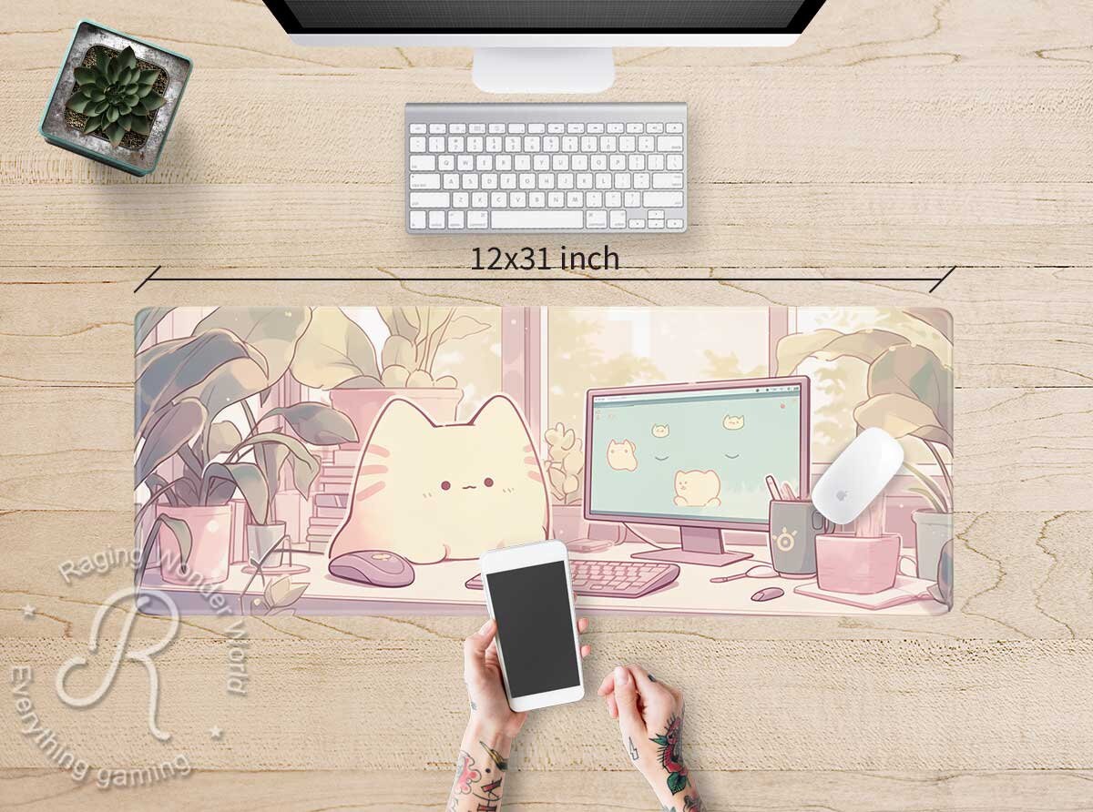Chubby Cat Anime Computer Desk XXL Pastel Desk Mat RGB, Cute Lofi Art ...
