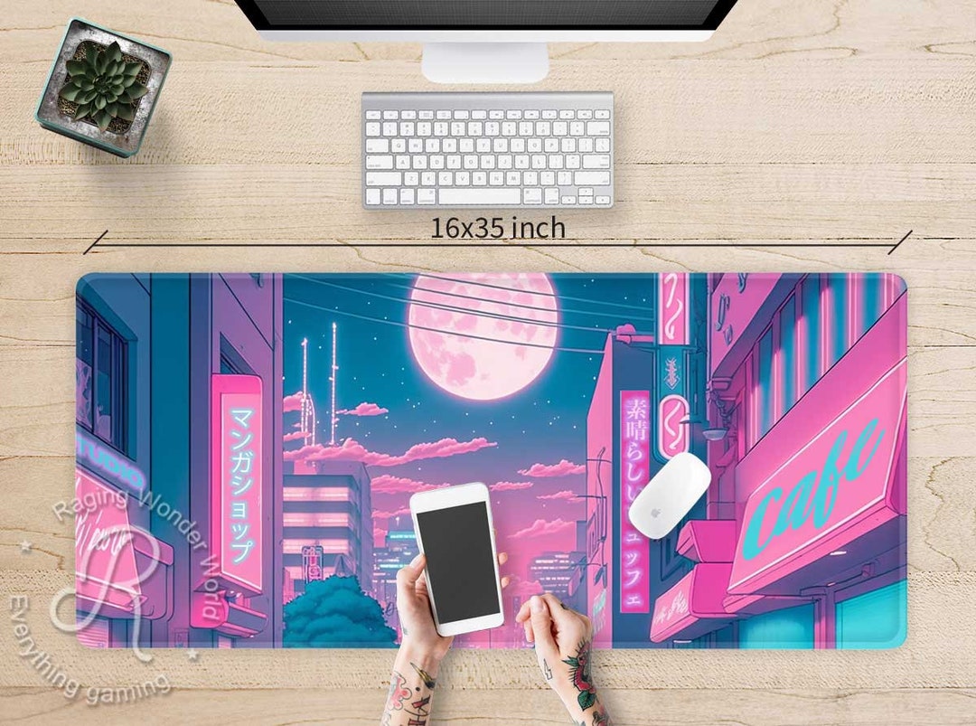 Pastel Pink Vaporwave Anime City Desk Mat Cute, Stitched Edges Japanese ...