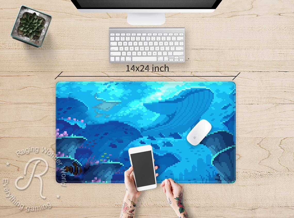 Blue Whale Pixel Art Desk Mat RGB Stitched Edges Kawaii Ocean - Etsy