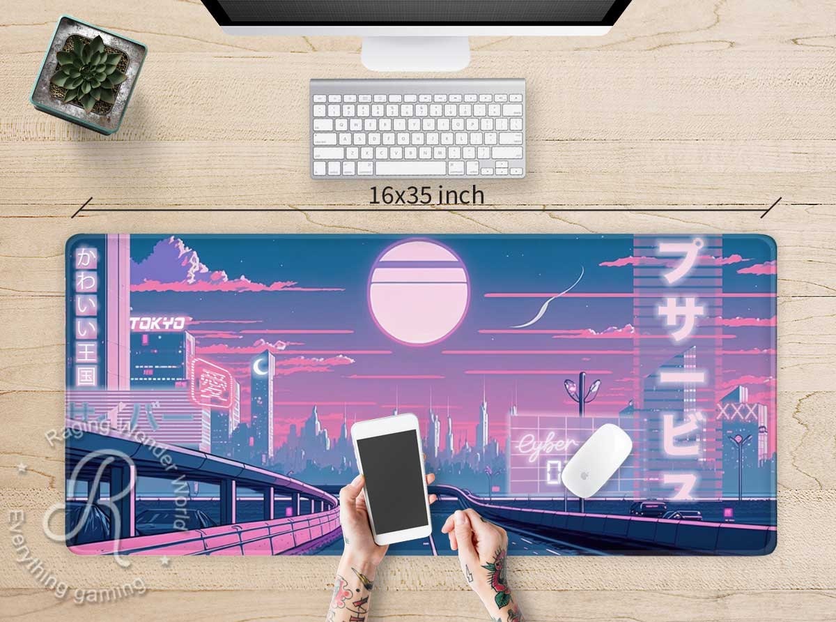 Kawaii Anime Neon City Desk Mat Cute, Stitched Edges Pastel Pink Tokyo ...
