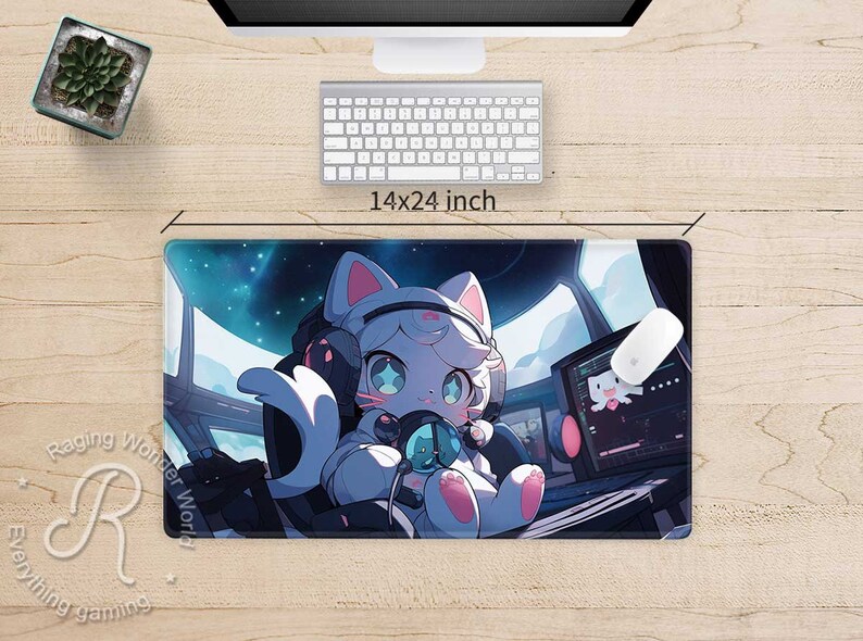 Anime Space Cat Girl Desk Mat Cute, Japanese Kawaii Girl Gamer Shoujo ...