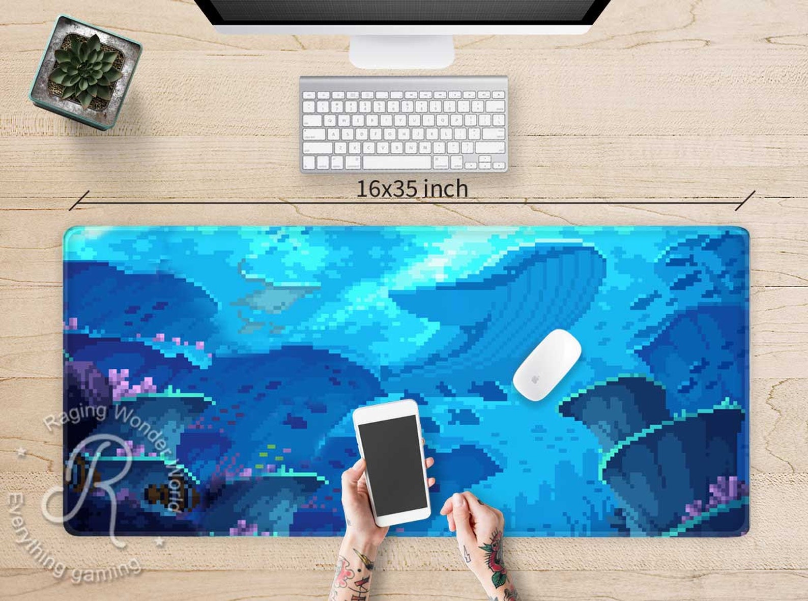 Blue Whale Pixel Art Desk Mat RGB, Stitched Edges Kawaii Ocean Theme ...