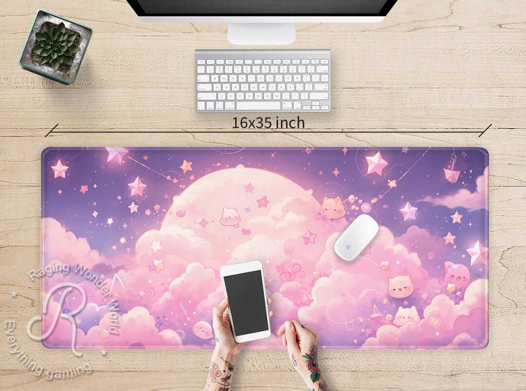 Kawaii Pink Cloud Cute Cats Anime XXL Desk Mat RGB, Big Moon Pastel ...