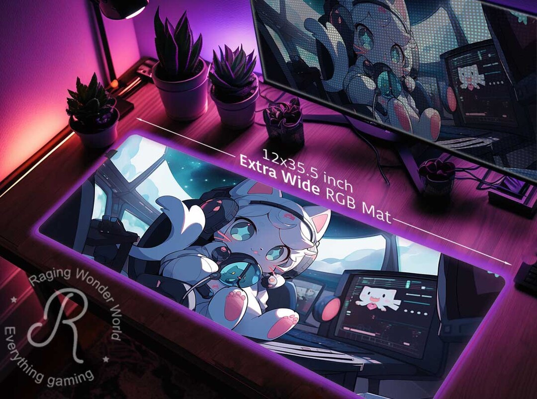 Anime Space Cat Girl Desk Mat Cute, Japanese Kawaii Girl Gamer Shoujo ...