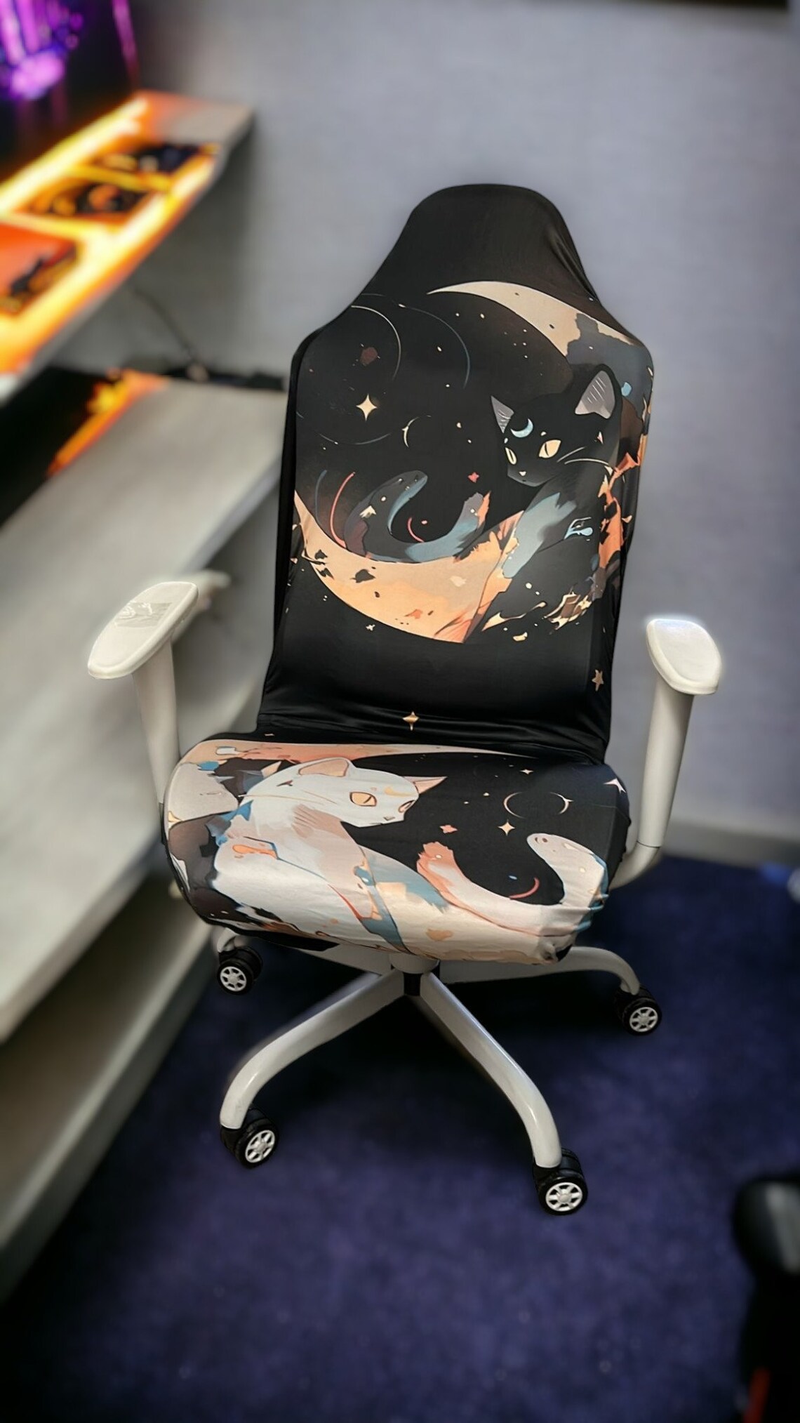 Anime Black White Lunar Moon Cats Gamer Chair Cover, Black Gaming Room ...
