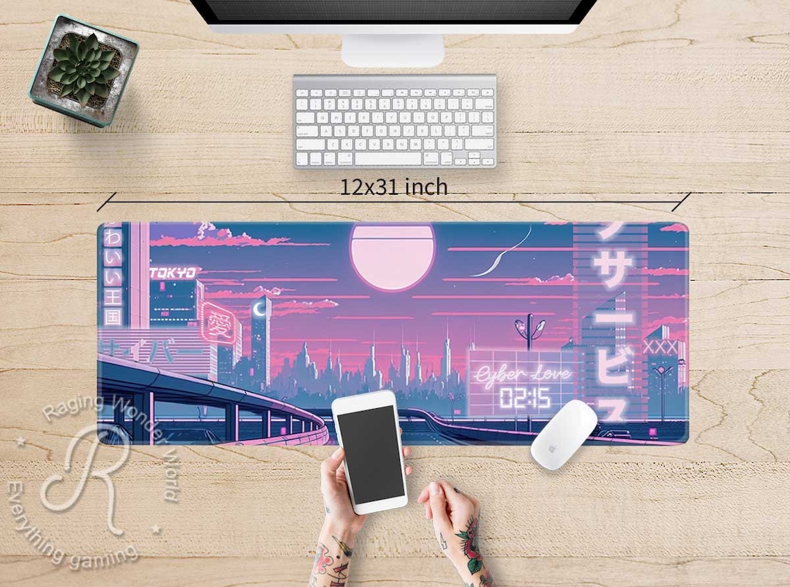 Kawaii Anime Neon City Desk Mat Cute, Stitched Edges Pastel Pink Tokyo ...