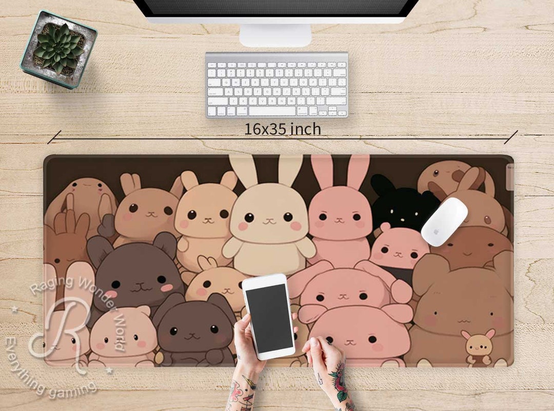 Kawaii Stuffed Animal Gang Anime Desk Mat Cute, Stitched Edges Beige ...