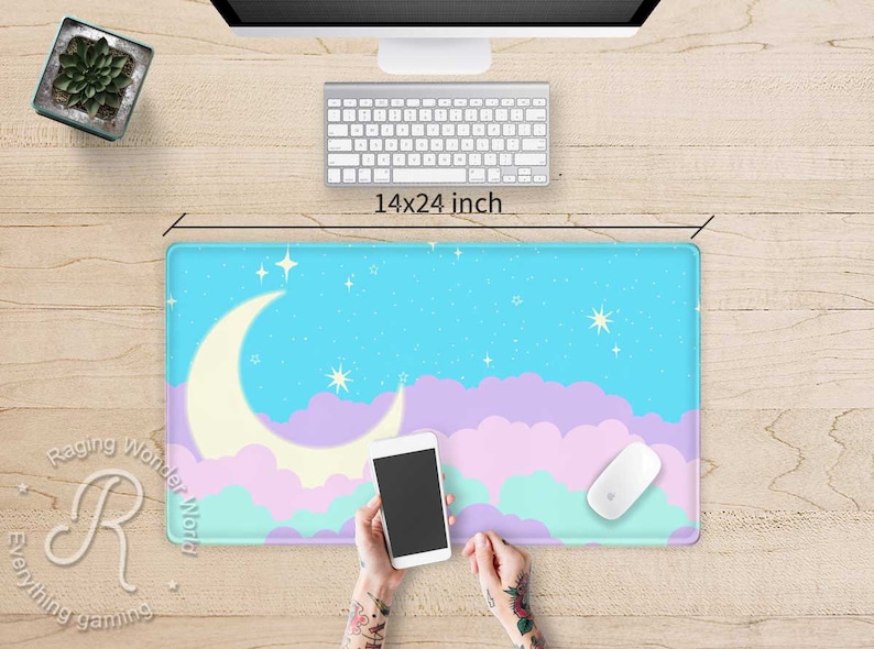 Kawaii Pastel Rainbow Cloud Sky Desk Mat RGB, Cute Big Anime Moon ...