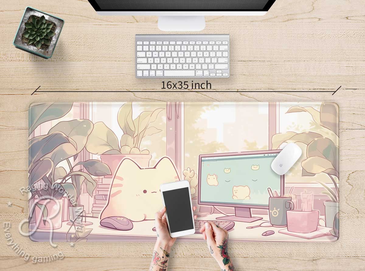 Chubby Cat Anime Computer Desk XXL Pastel Desk Mat RGB, Cute Lofi Art ...