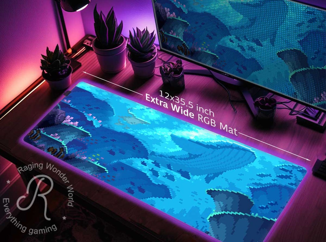 Blue Whale Pixel Art Desk Mat RGB, Stitched Edges Kawaii Ocean Theme ...