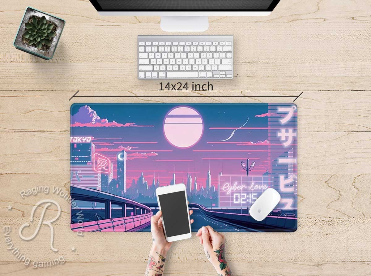 Kawaii Anime Neon City Desk Mat Cute, Stitched Edges Pastel Pink Tokyo ...