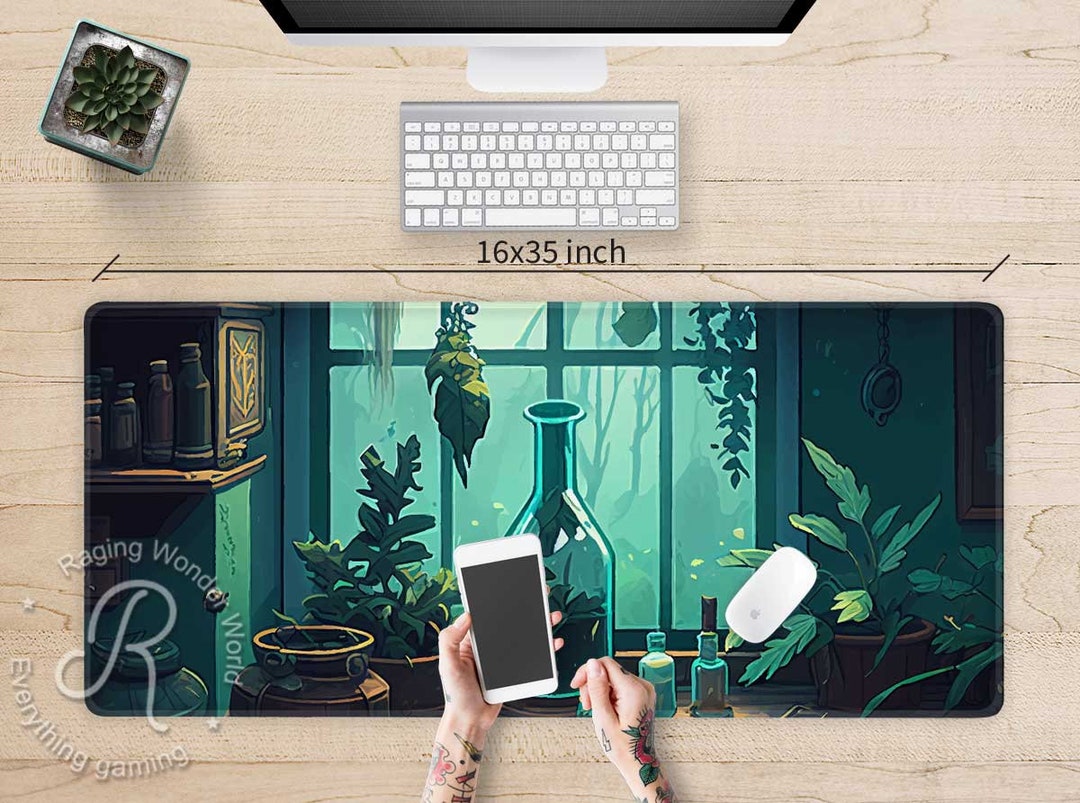 Green Witch Plants Lover Anime Desk Mat Cute, Stitched Edges Witchcraft ...