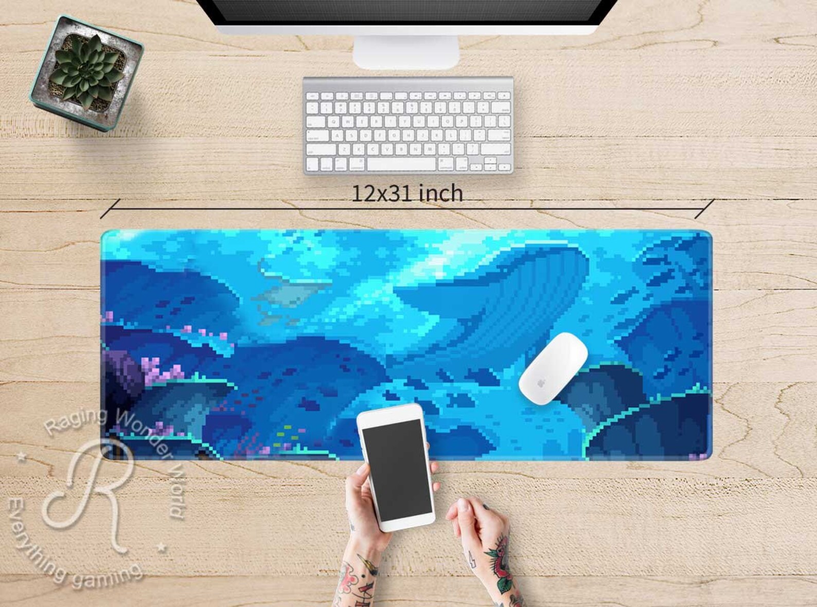 Blue Whale Pixel Art Desk Mat RGB, Stitched Edges Kawaii Ocean Theme ...