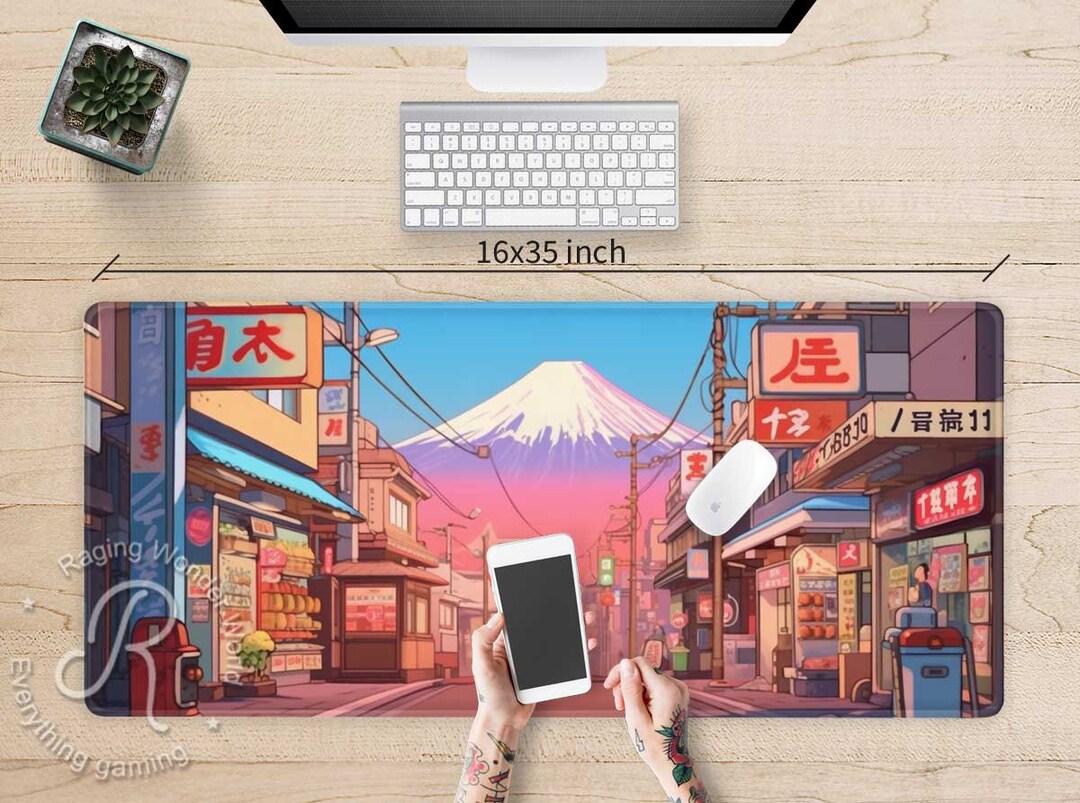 Retro Japanese Fuji Anime XXL Desk Mat RGB, Cute Tokyo Streetscape ...