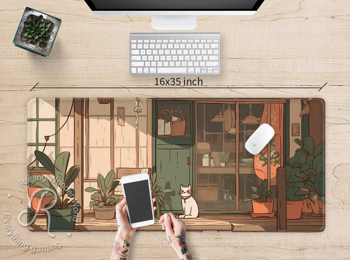 Japanese Cute Cat Lofi Desk Mat Anime Scene, Stitched Edges Beige Brown ...