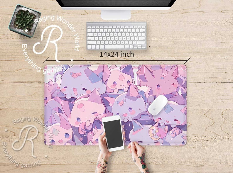 Kawaii Pink Cats Desk Mat Anime Stitched Edge Pastel Gaming - Etsy
