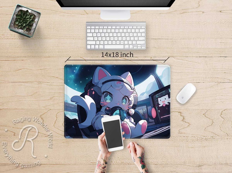 Anime Space Cat Girl Desk Mat Cute, Japanese Kawaii Girl Gamer Shoujo ...