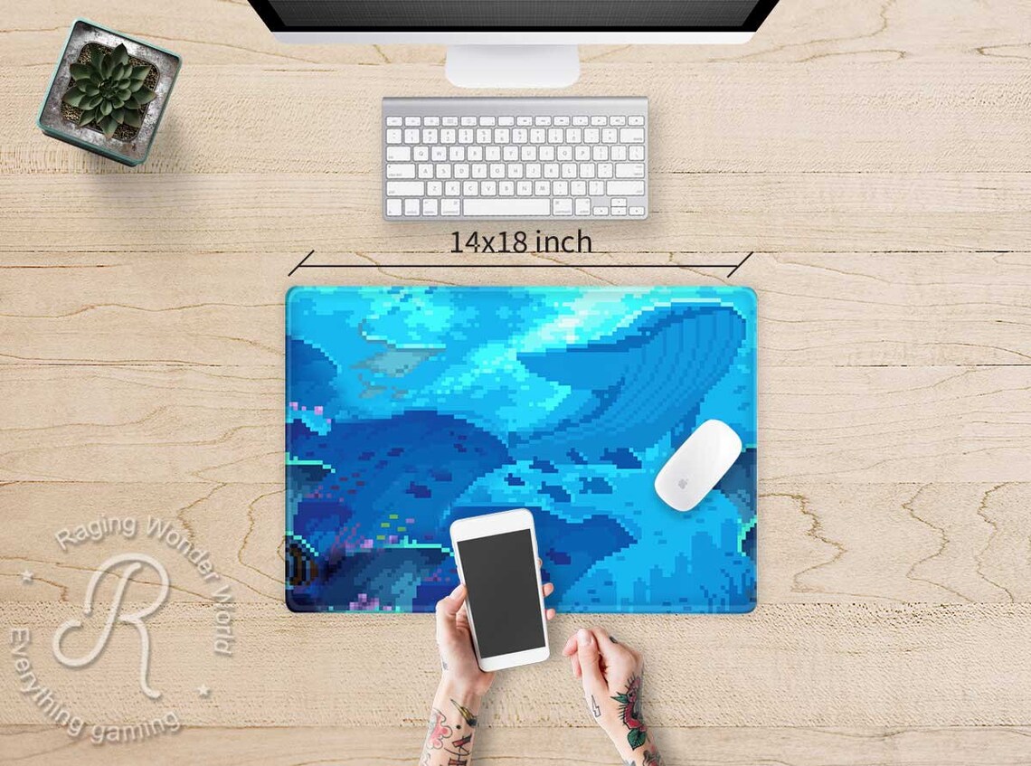Blue Whale Pixel Art Desk Mat RGB Stitched Edges Kawaii Ocean - Etsy