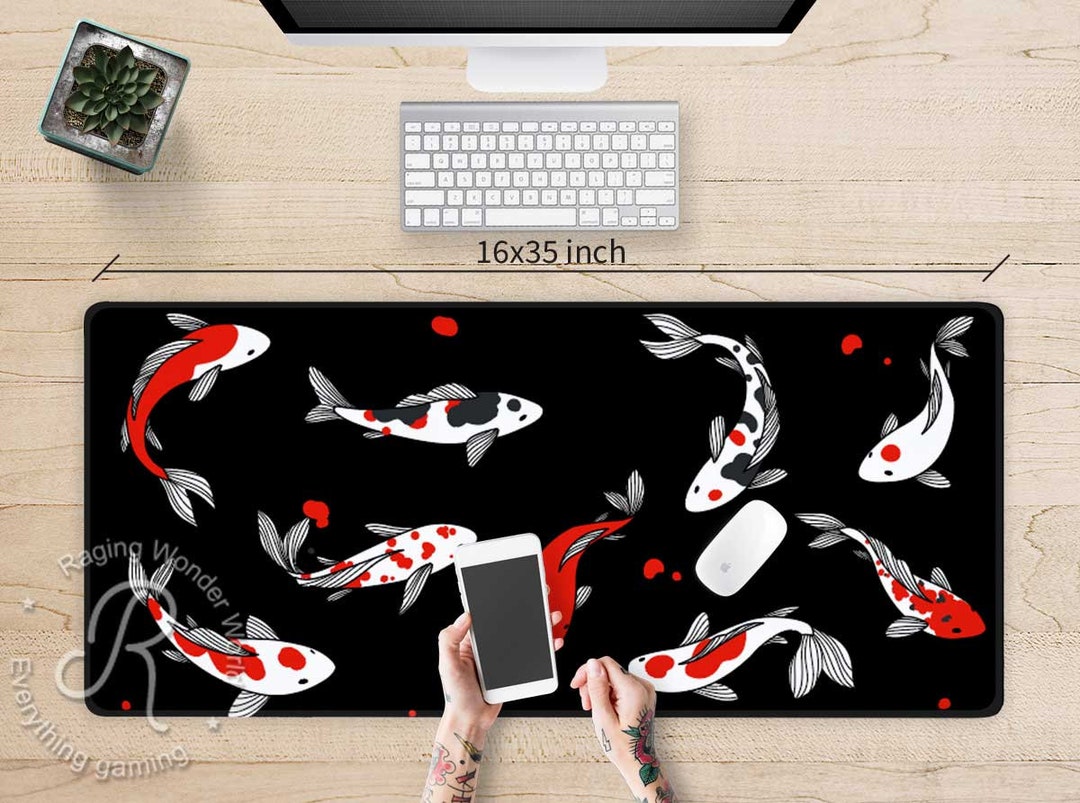 Black White Red Koi Fish Anime Desk Mat Cute, Stitched Edges Kawaii ...
