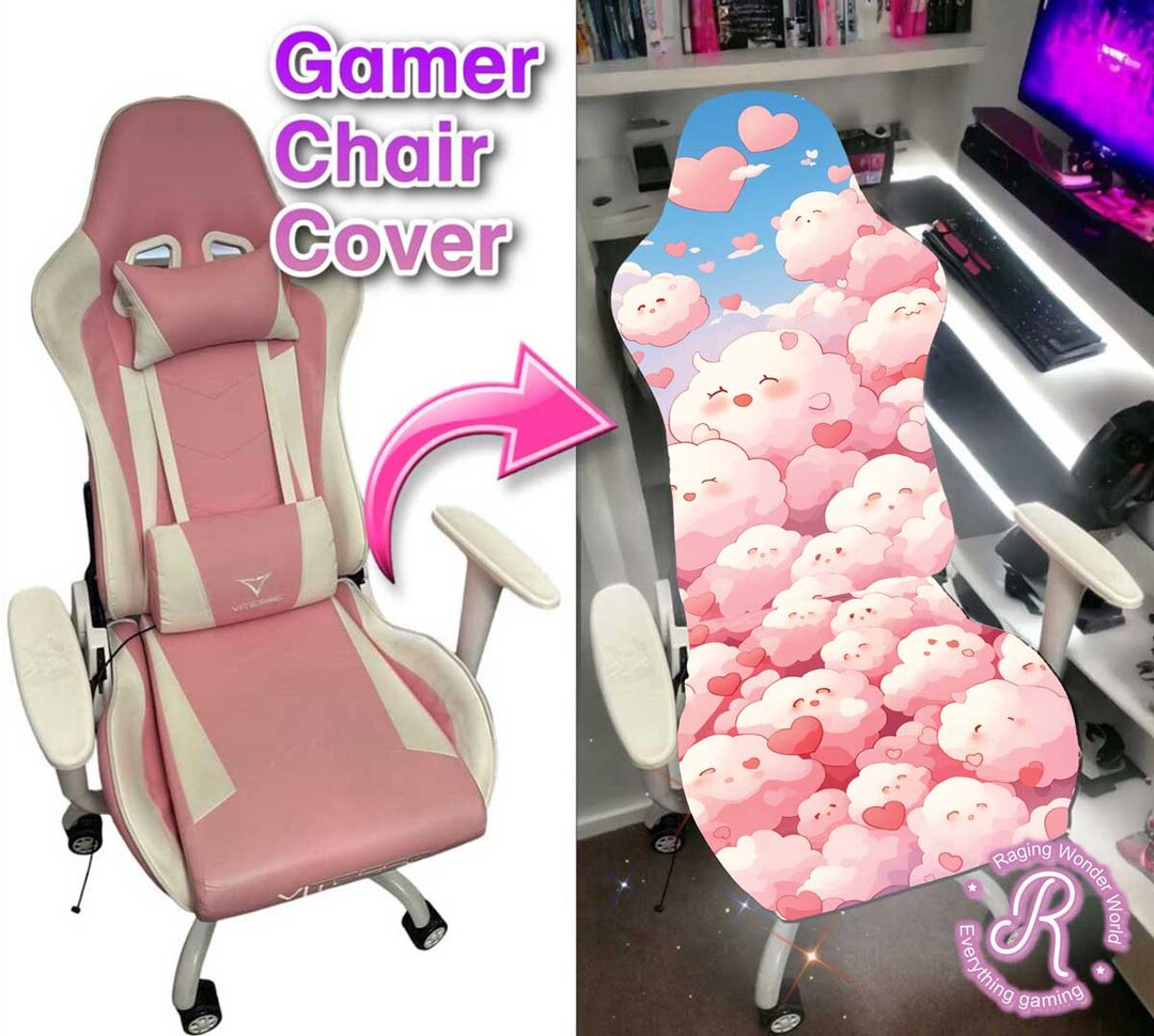 Kawaii Pink Clouds Anime Gamer Chair Cover, Cute Character Gaming Room ...