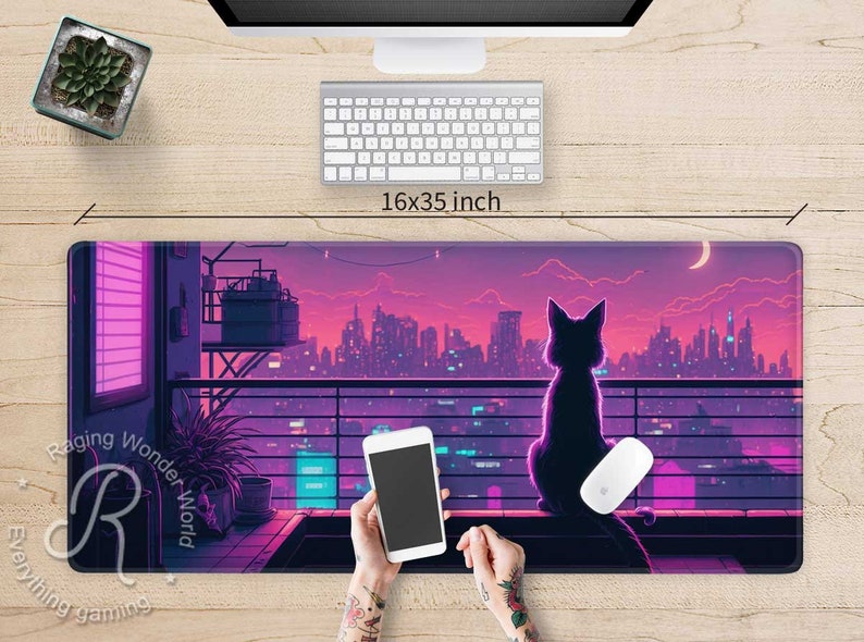 Vaporwave Anime Neon City Desk Mat Cute, Stitched Edges Purple Street ...