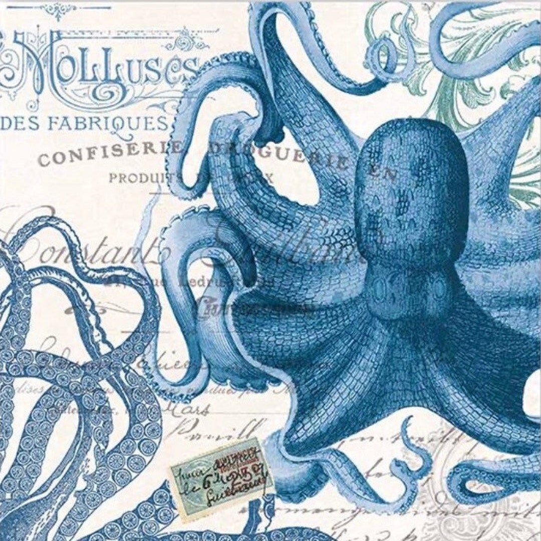 2 Decoupage Paper Napkins, Octopus, Karken, Crafting Tissue, Blue and ...