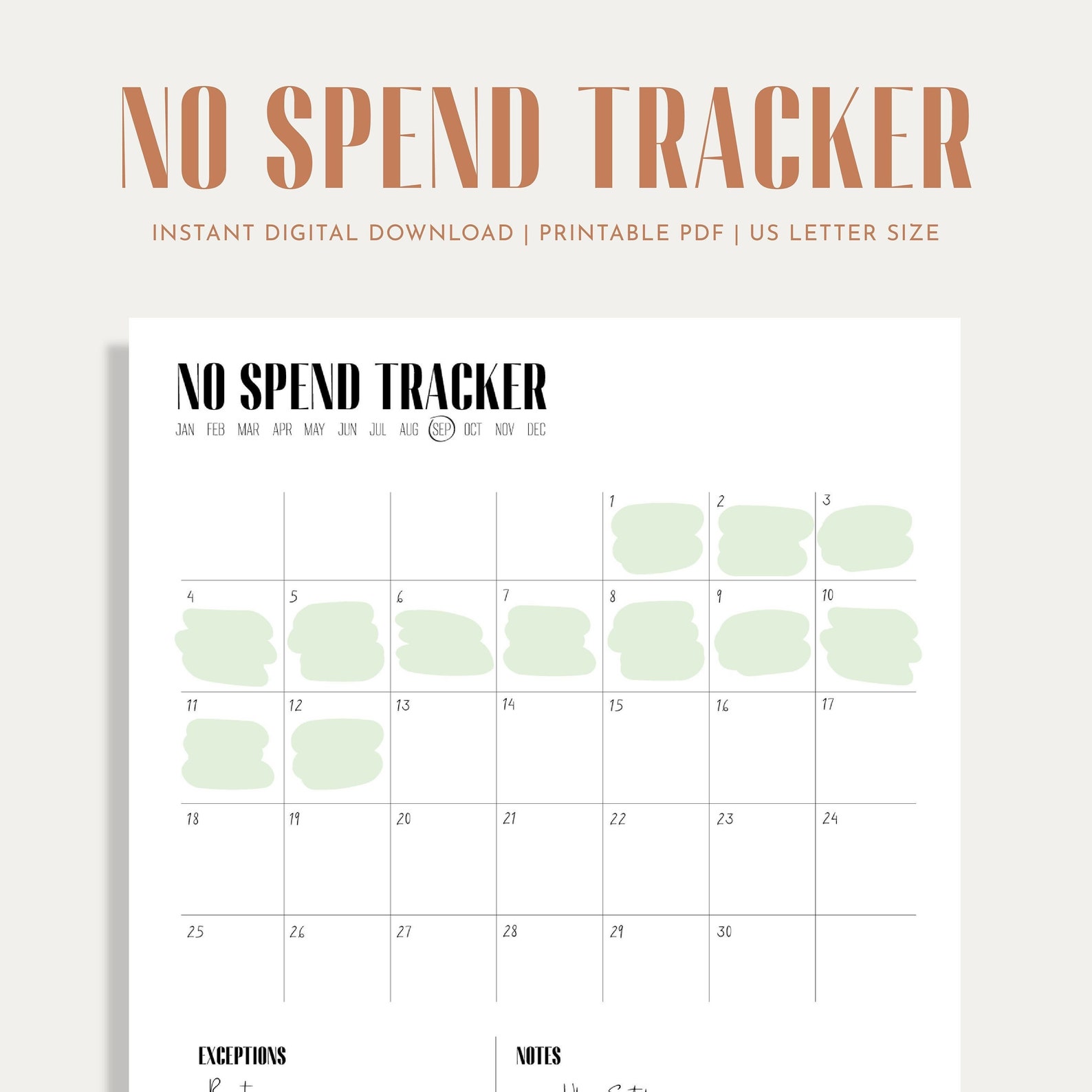 No Spend Tracker, No Spend Challenge, Monthly, Detailed With Exceptions ...