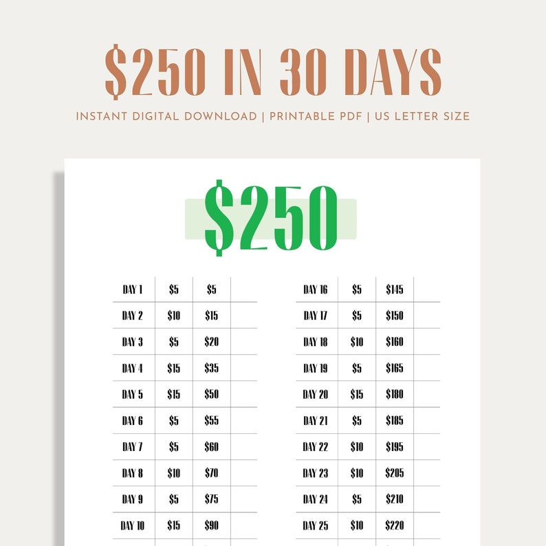 250 Savings Challenge, Savings Tracker, Money Challenge, 30 Days ...
