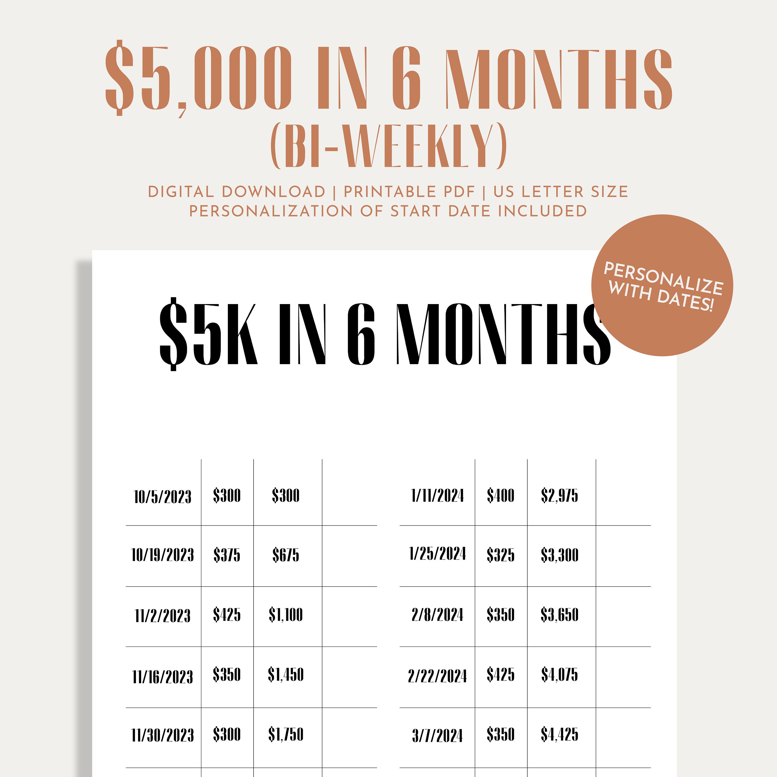 Personalized Bi-weekly 5K Savings Challenge, Savings Tracker, Money ...