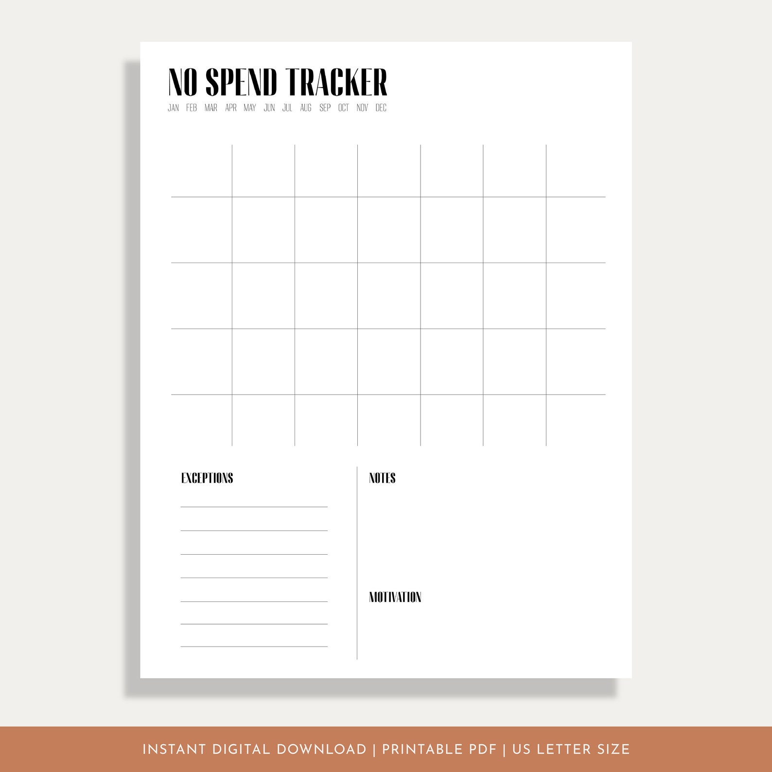 No Spend Tracker, No Spend Challenge, Monthly, Detailed With Exceptions ...