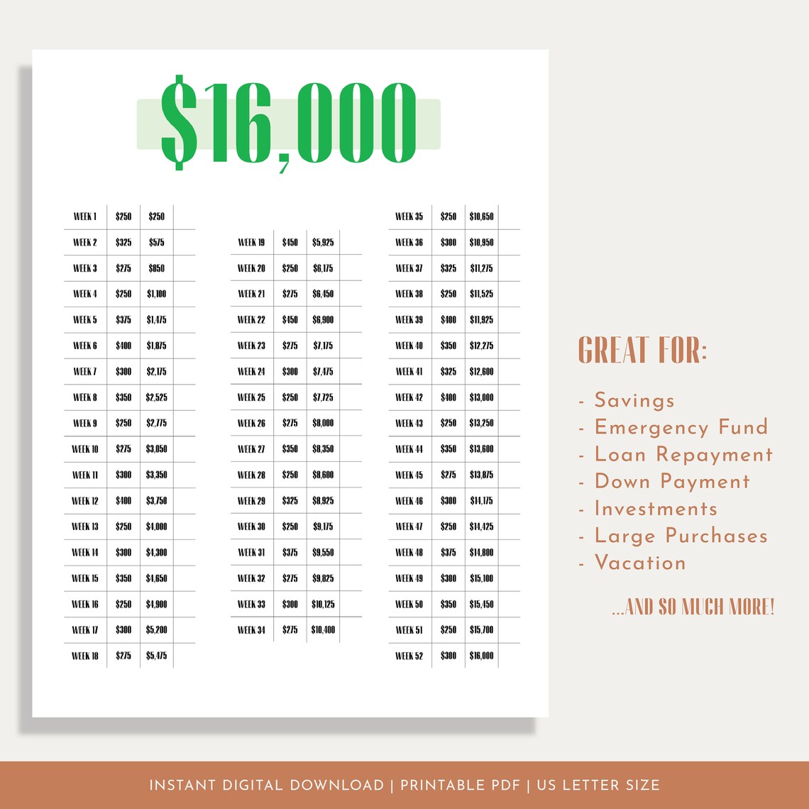 16K Savings Challenge Savings Tracker Money Challenge 52 | Etsy