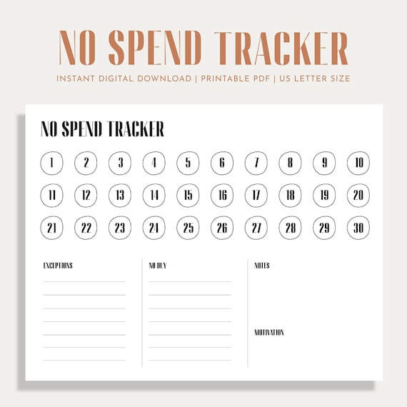 No Spend Tracker No Spend Challenge Monthly 30-day No Buy - Etsy