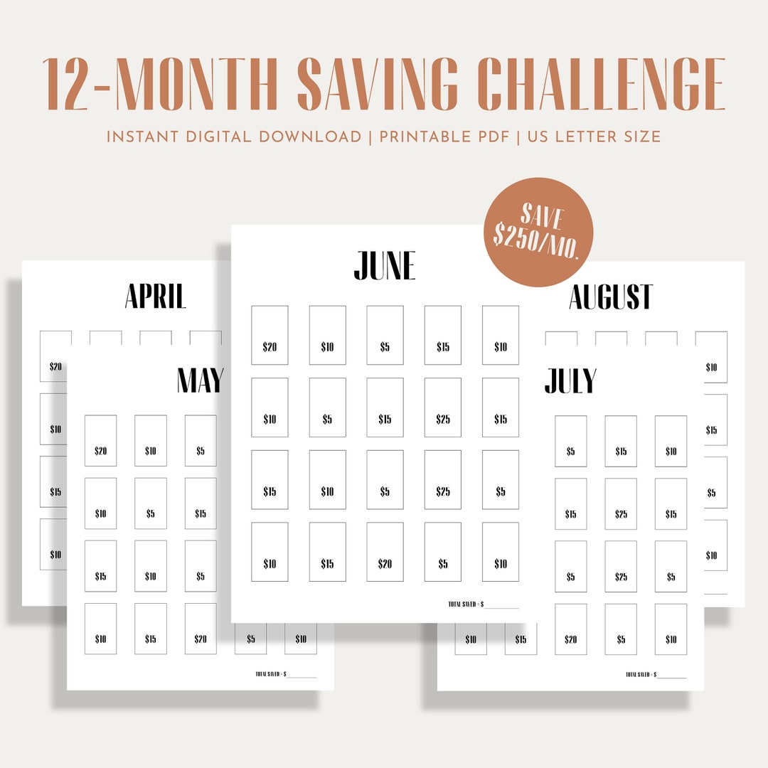 12-month Savings Challenge, Savings Tracker, Money Challenge, Digital ...