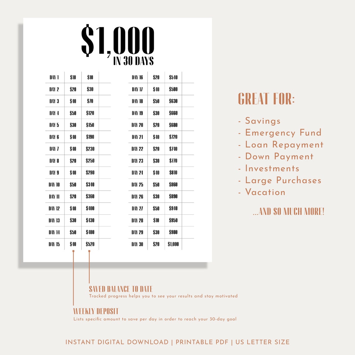 1K Savings Challenge, Savings Tracker, Money Challenge, 30 Days ...