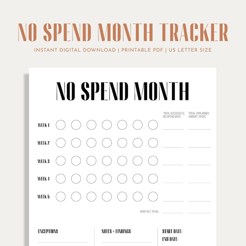No Spend Month, No Spend Challenge, Tracker, Monthly, 30-day No Buy ...