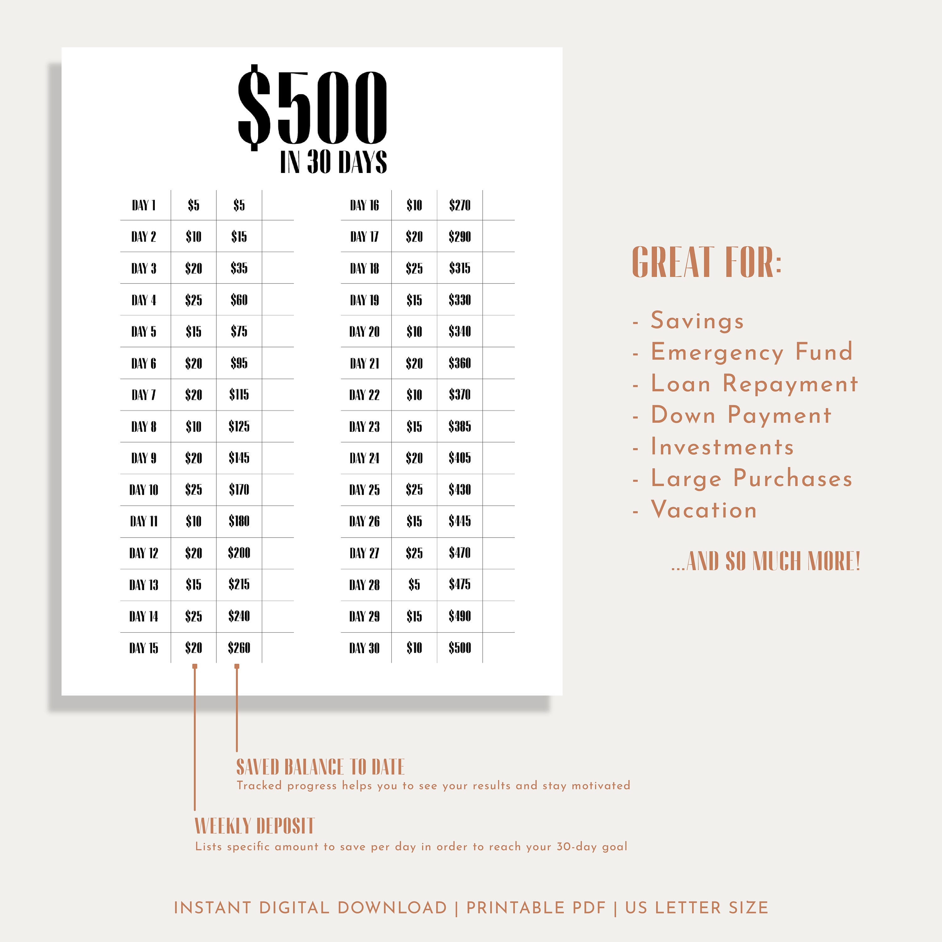 500 Savings Challenge, Savings Tracker, Money Challenge, 30 Days ...