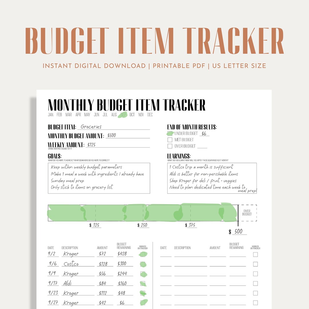 Budget Item Tracker, Monthly Budget Sheet, Spending Tracker, Budgeting ...