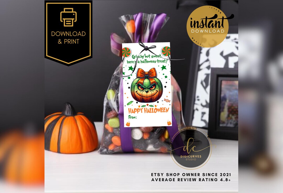 Halloween Treat Bag Favor Tag | Grinch-inspired Pumpkin Design ...