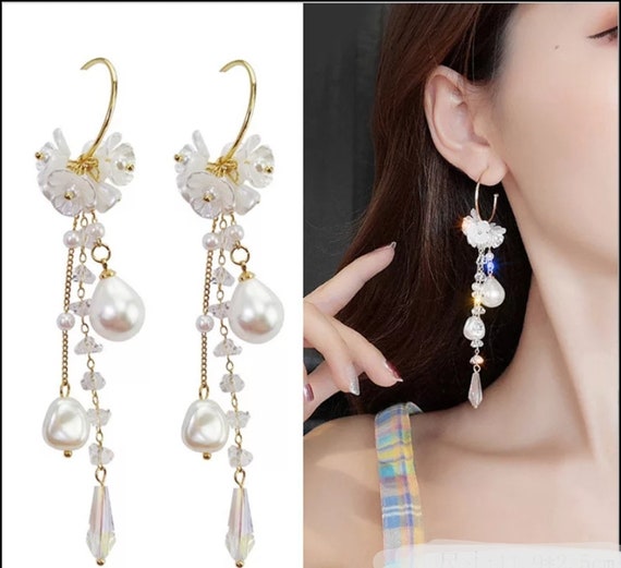 Korean Fashion Earrings. Long Dangle Pearl Earrings. Women s Drop Earrings. Korean Style Drop Earrings. Kpop Earrings. Kdrama Earrings. Etsy