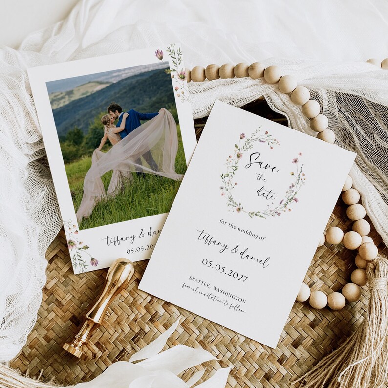 Editable Save the Date Template, Floral Wreath Photo Save the Date ...