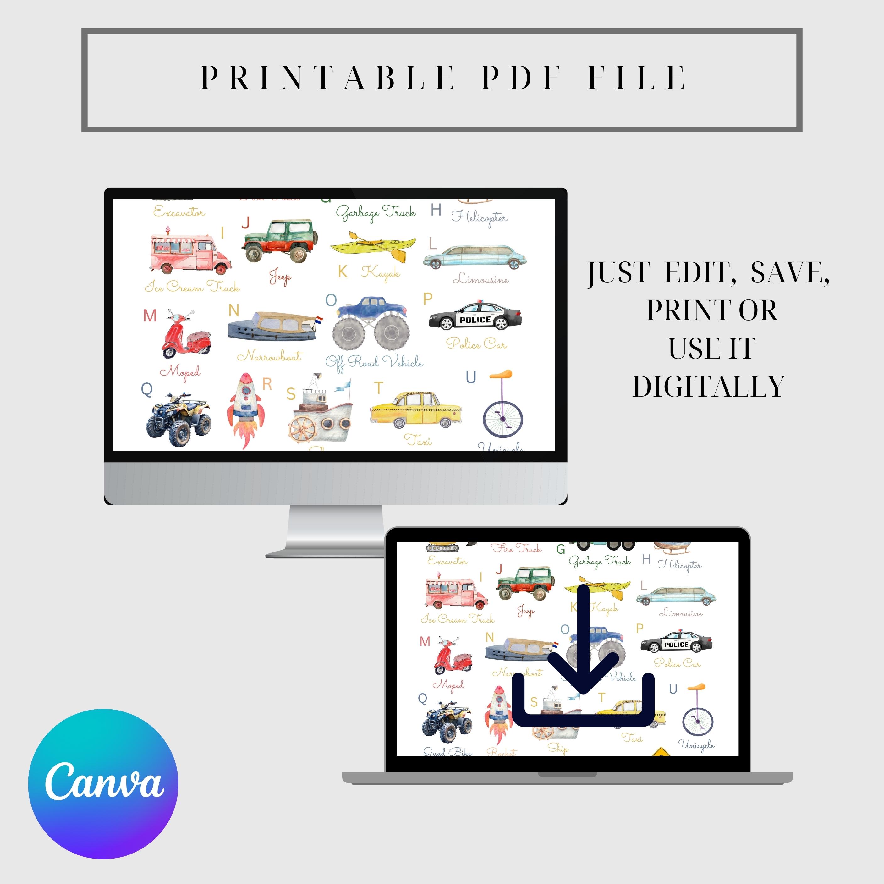 Transportation Alphabet Poster, Vehicle Alphabet Montessori Print ...